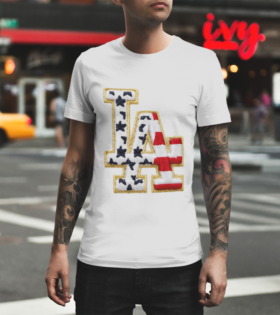 Dodgers LA 250th Anniversary Stars And Stripes Gold Trim Patch T-Shirt
