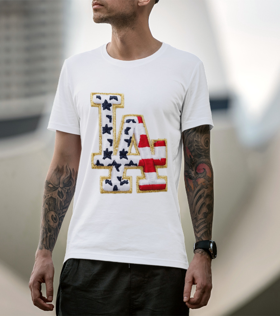 Dodgers LA 250th Anniversary Stars And Stripes Gold Trim Patch T-Shirt