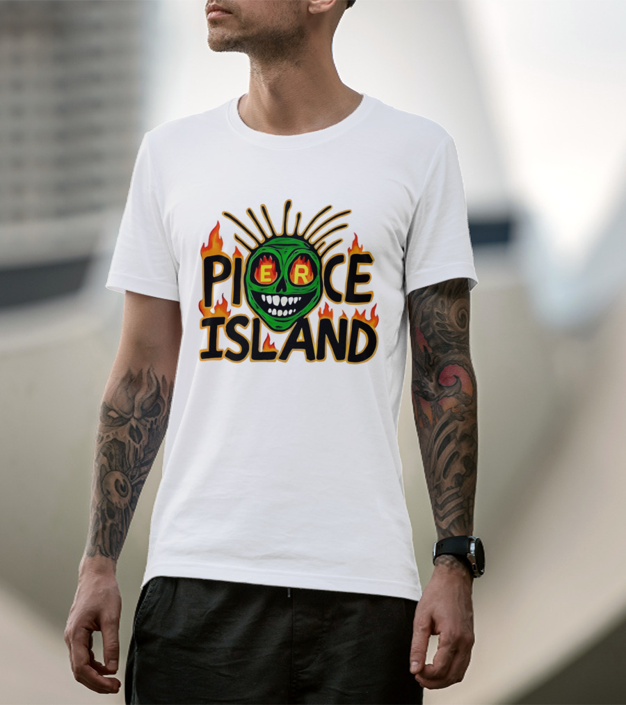 Pierce Island Green Skull Flames Spooky Island T-Shirt