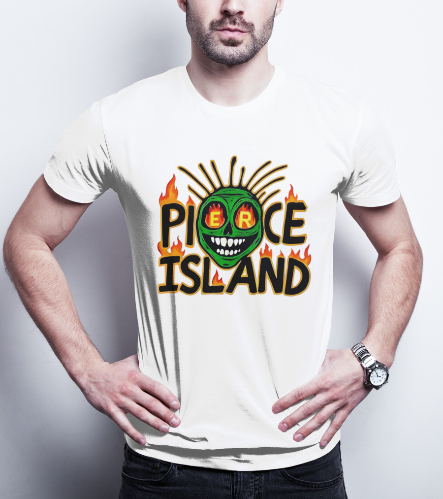 Pierce Island Green Skull Flames Spooky Island T-Shirt