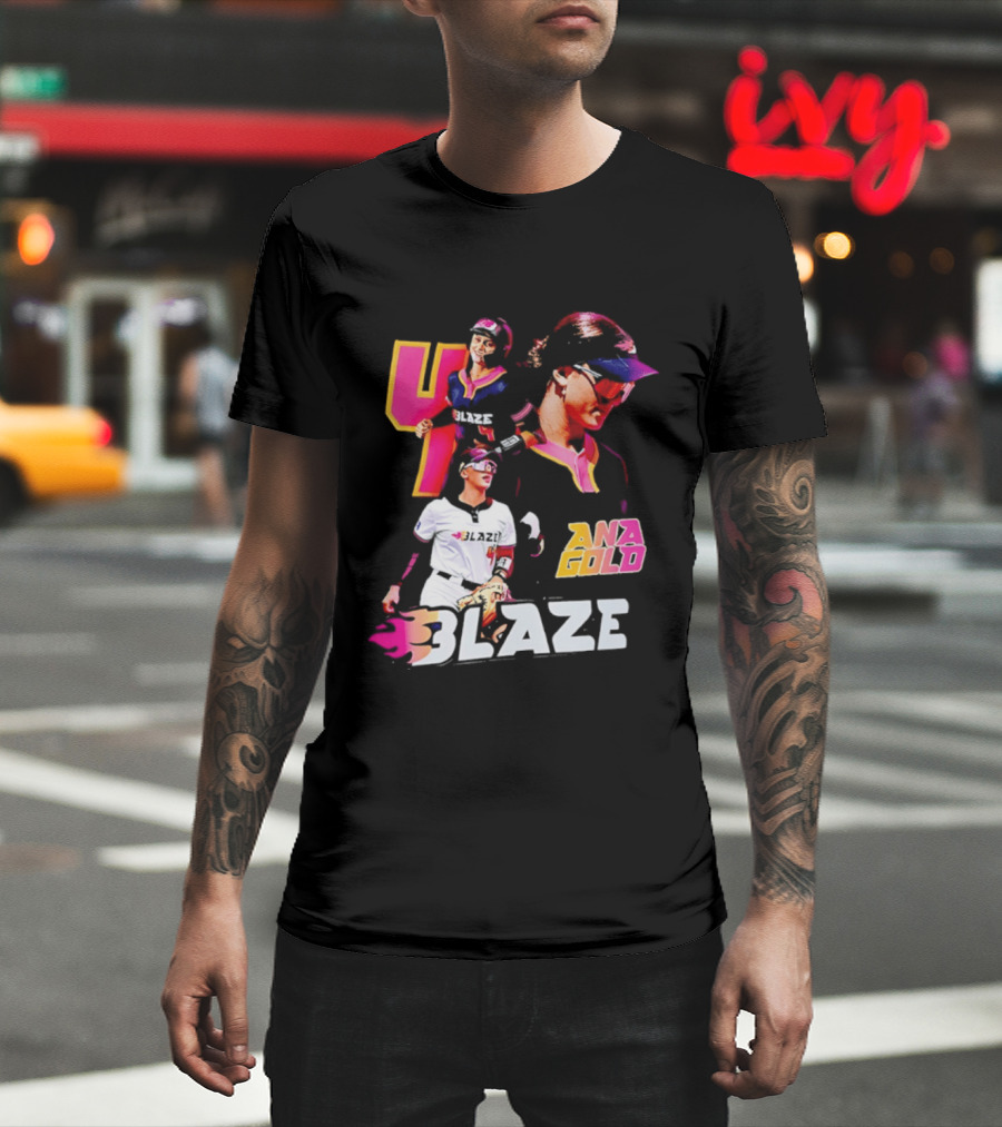 Blaze Ana Gold Softball Player Number 4 Action Collage T-Shirt