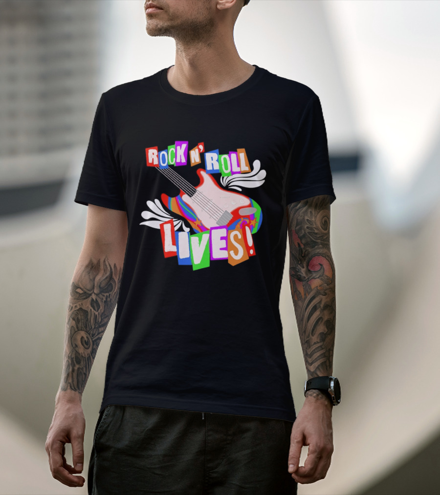 Rock N' Roll Lives Colorful Electric Guitar T-Shirt