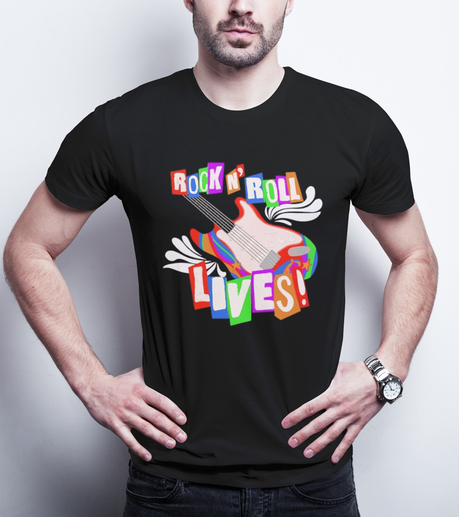 Rock N' Roll Lives Colorful Electric Guitar T-Shirt
