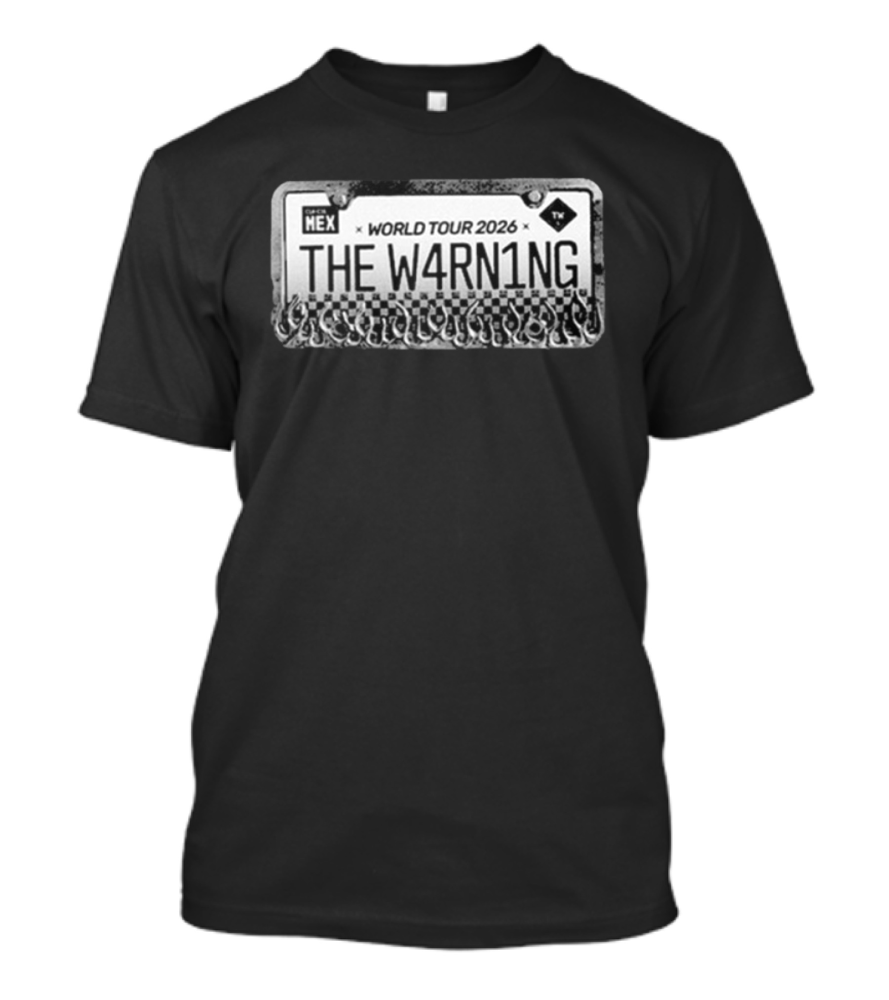 The W4RN1NG World Tour 2026 License Plate Checkered Flames T-Shirt