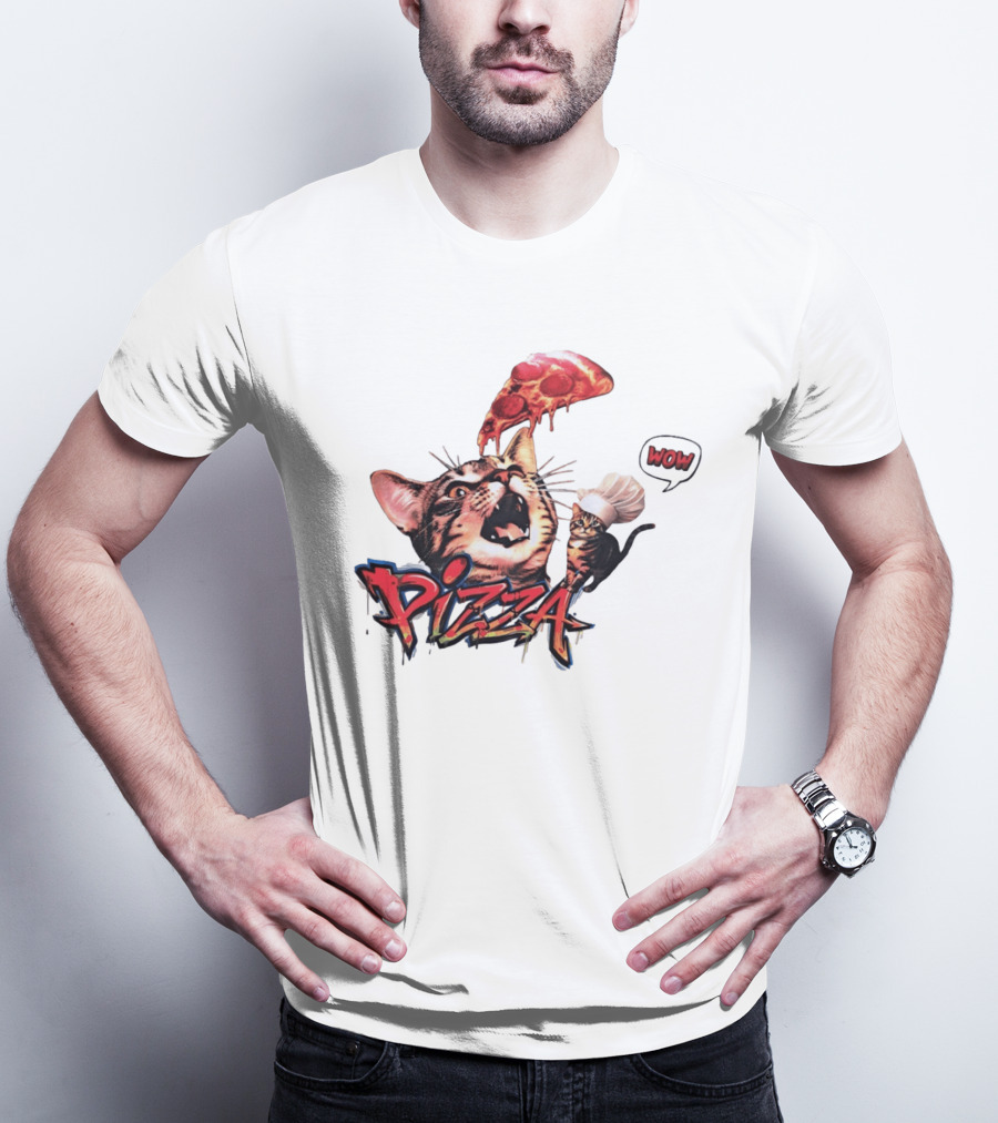 Pizza Cat Wow Chef Graffiti Culinary Delight T-Shirt