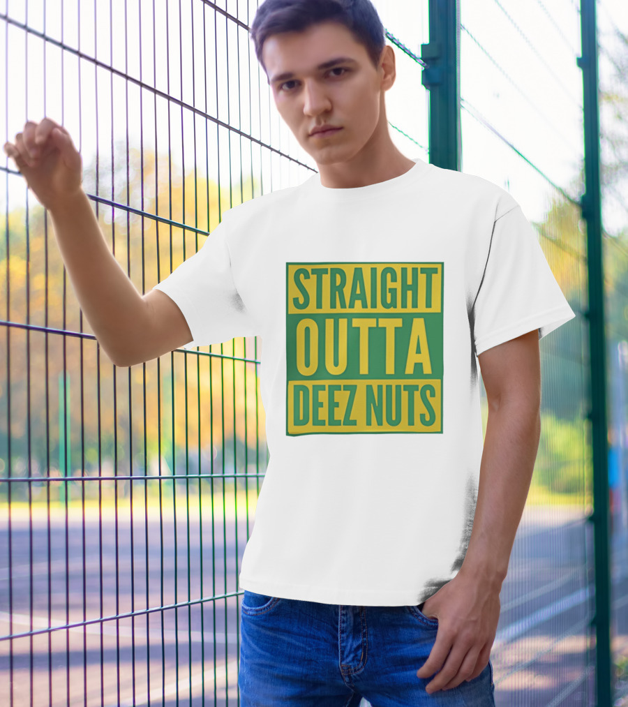 Straight Outta Deez Nuts Bold Yellow Green Block Letters T-Shirt