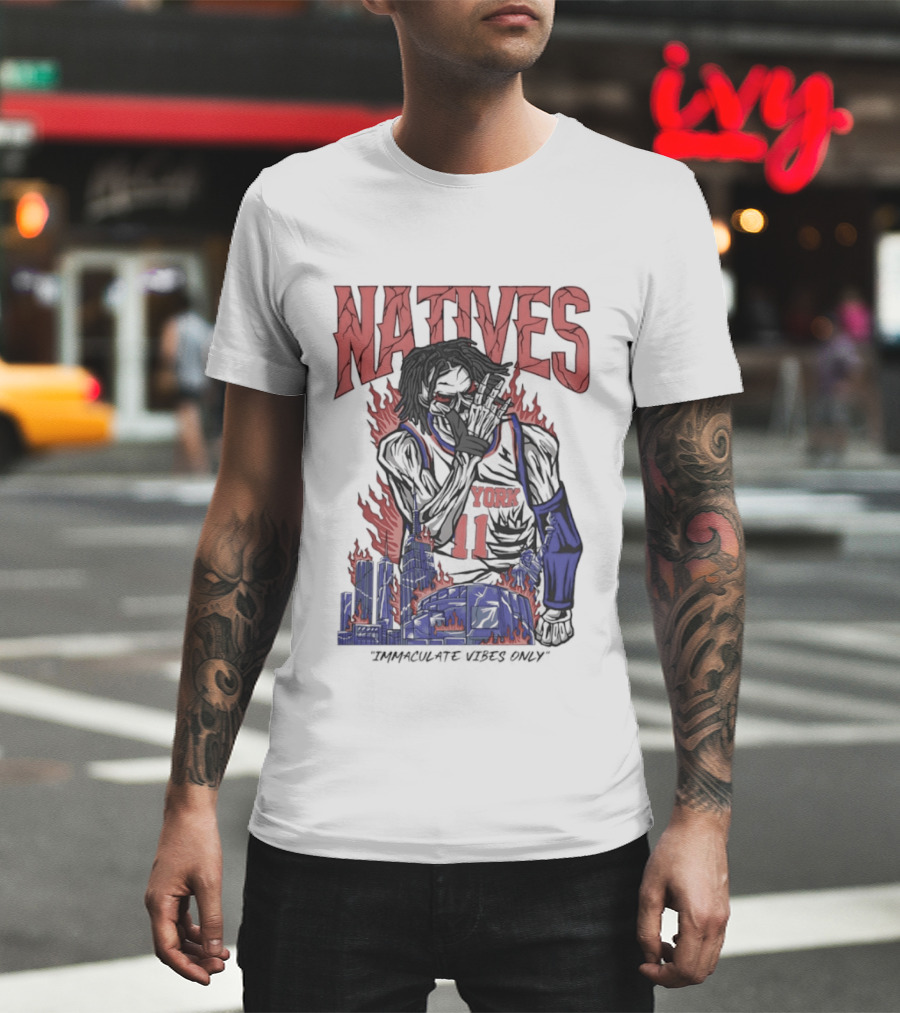 Natives Immaculate Vibes Only Jalen Brunson York 11 Skeleton Statue T-Shirt
