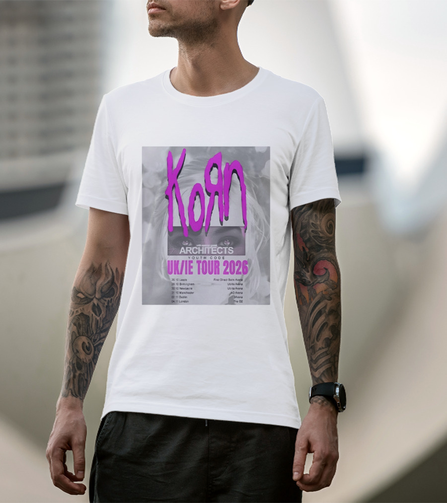 Korn UK/IE Tour 2026 Schedule Architects Youth Code First Direct Arena O2 Arena T-Shirt