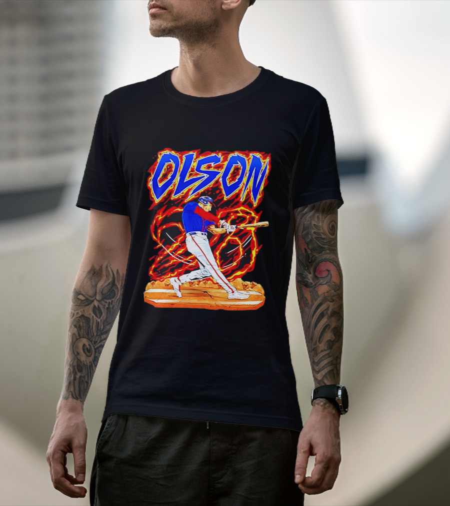 Atlanta Braves Matt Olson Hand Drawn Dynamic Swing Iconic Action T-Shirt