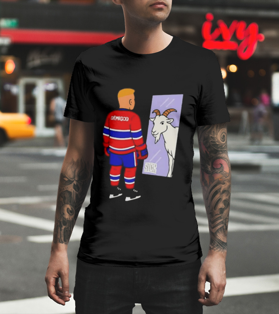 Demigod Hockey Player Looking In Mirror With Goat Reflection T-Shirt