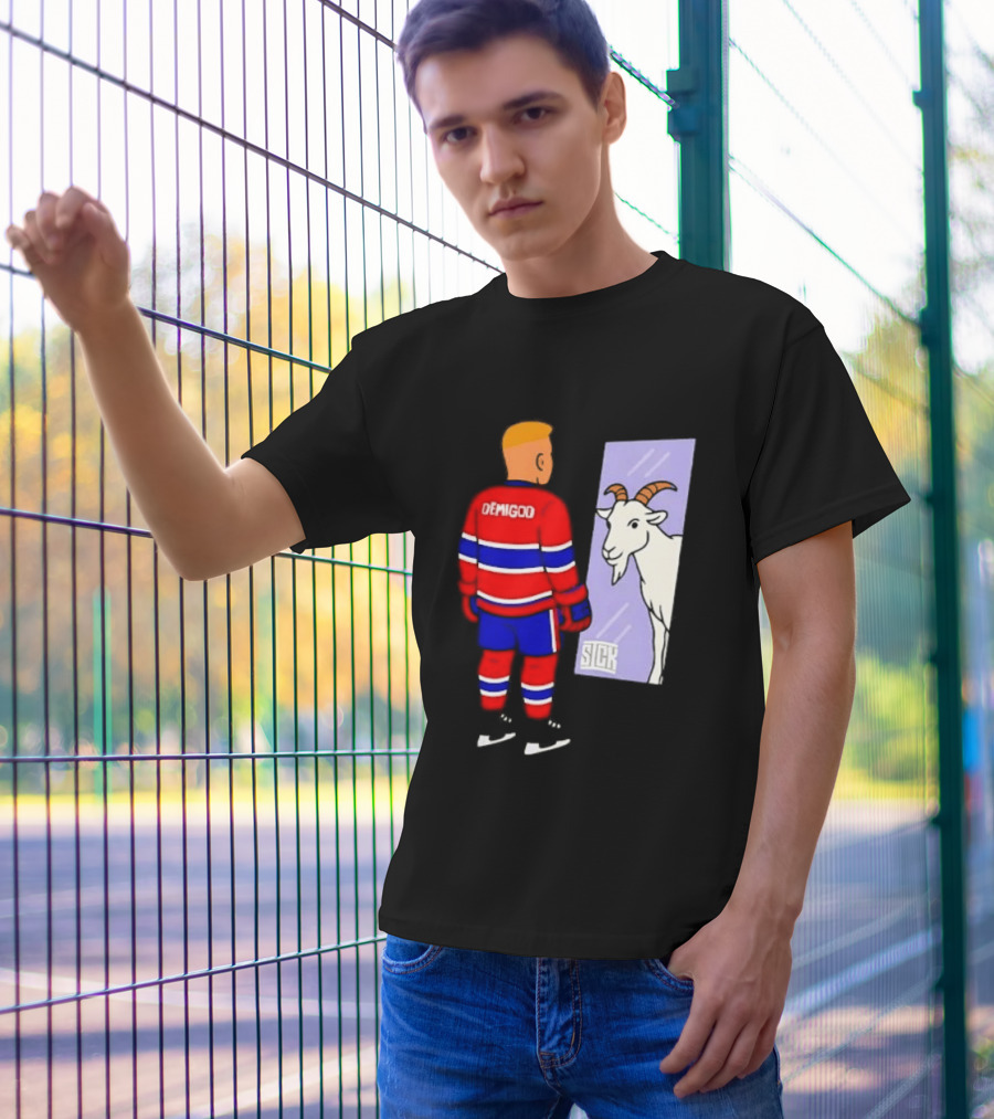 Demigod Hockey Player Looking In Mirror With Goat Reflection T-Shirt