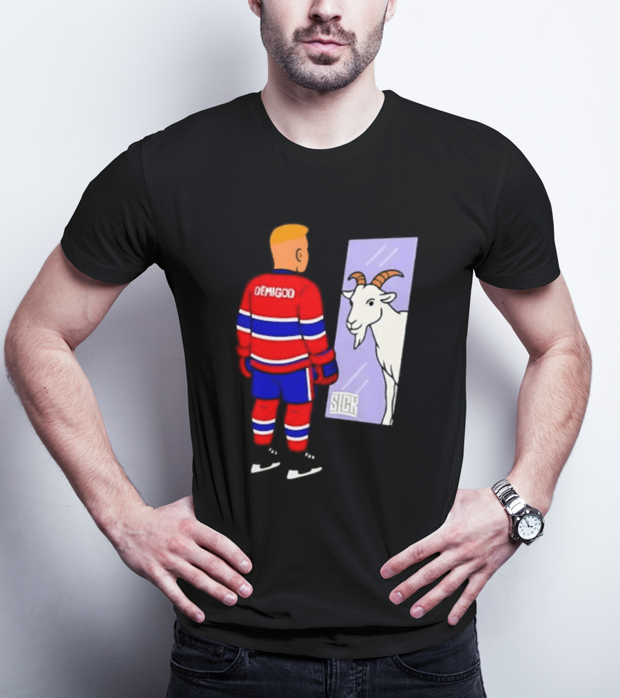 Demigod Hockey Player Looking In Mirror With Goat Reflection T-Shirt