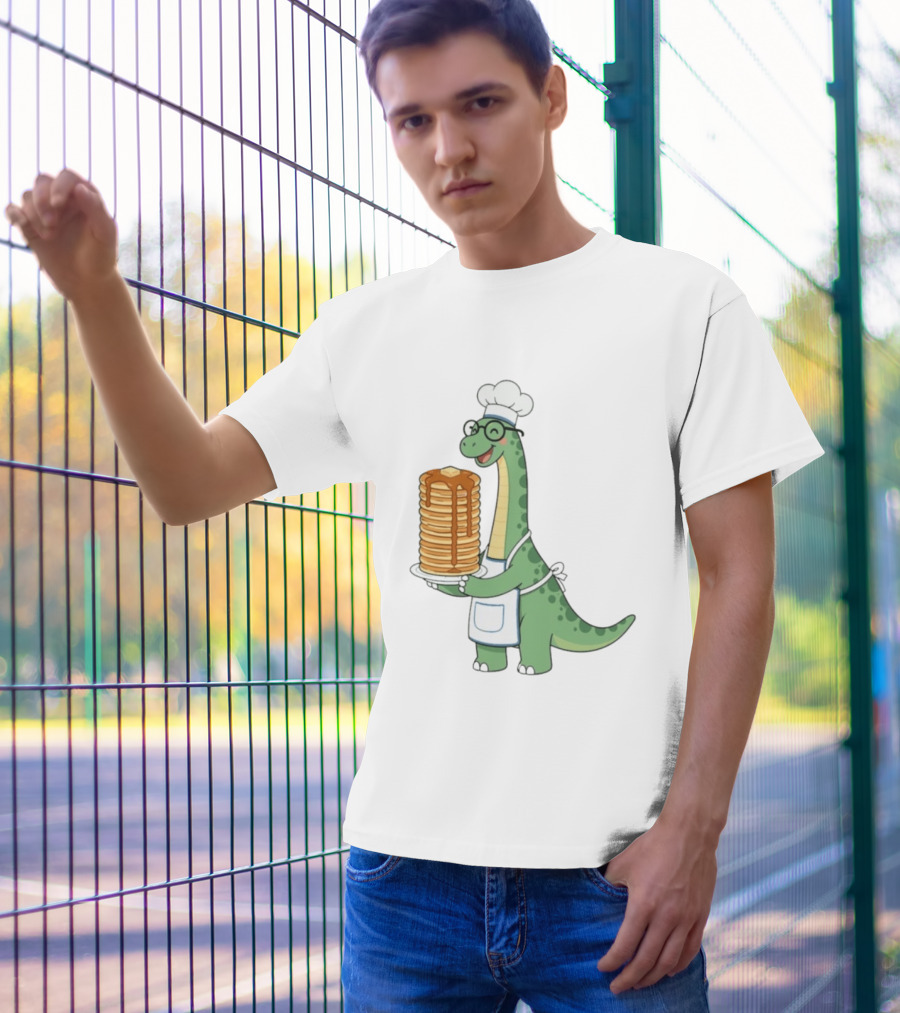 Chef Dinosaur With Towering Pancakes And A Smile T-Shirt