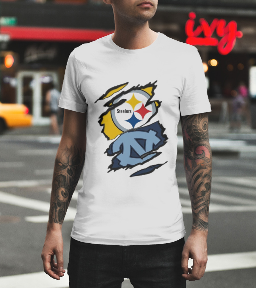 Pittsburgh Steelers UNC Tar Heels Ripped Metal Effect Logo Fusion T-Shirt