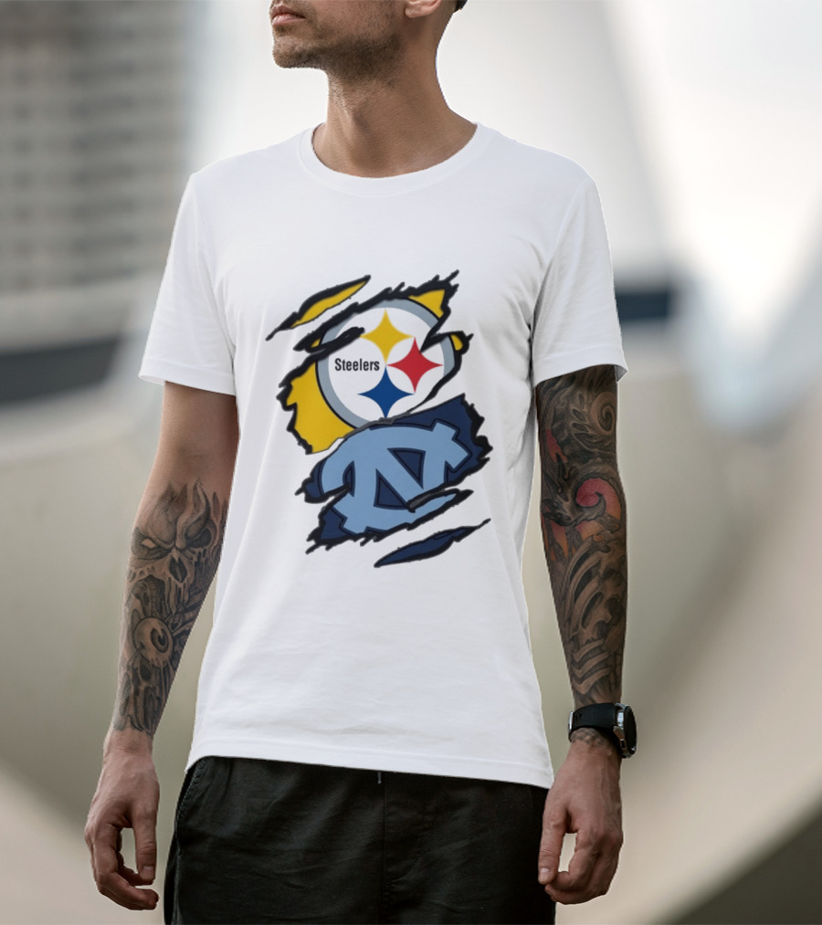 Pittsburgh Steelers UNC Tar Heels Ripped Metal Effect Logo Fusion T-Shirt