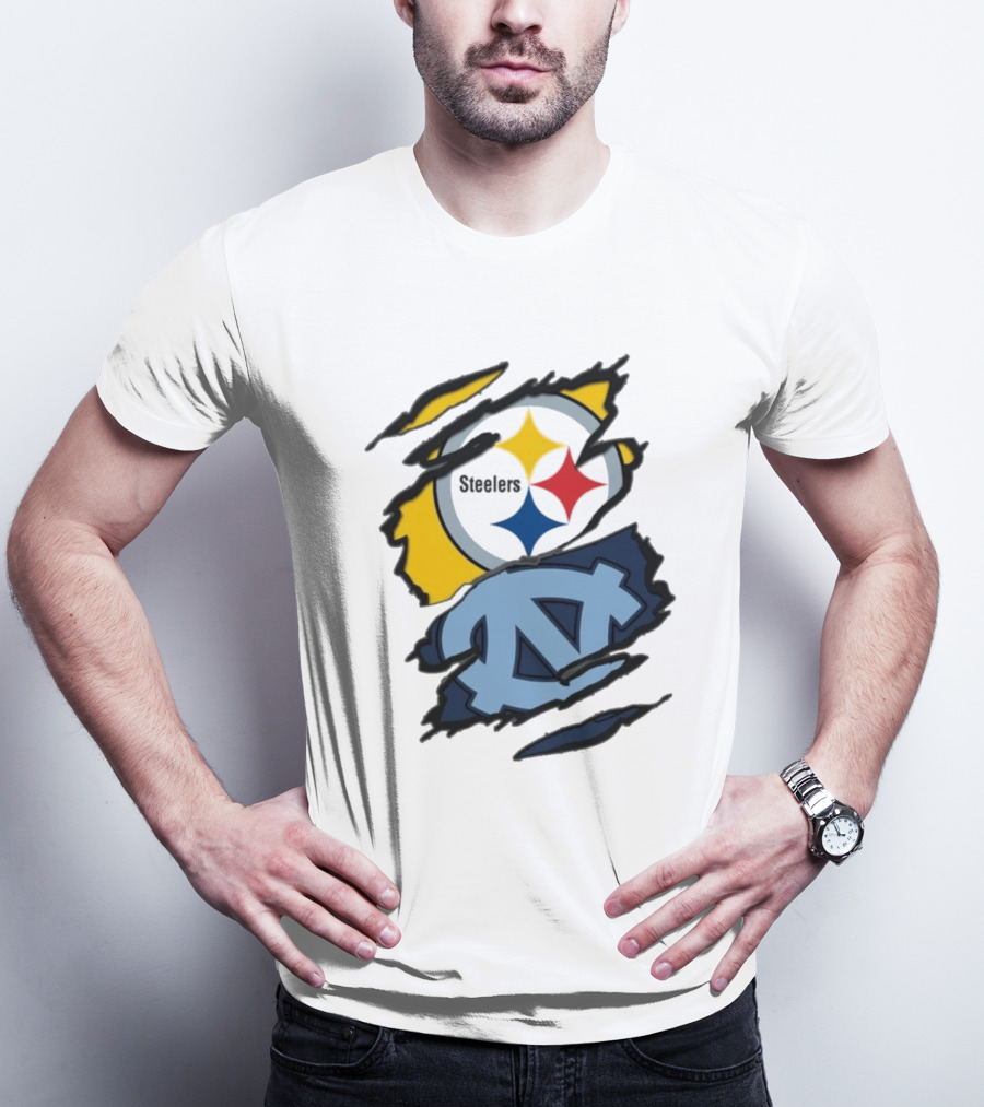 Pittsburgh Steelers UNC Tar Heels Ripped Metal Effect Logo Fusion T-Shirt