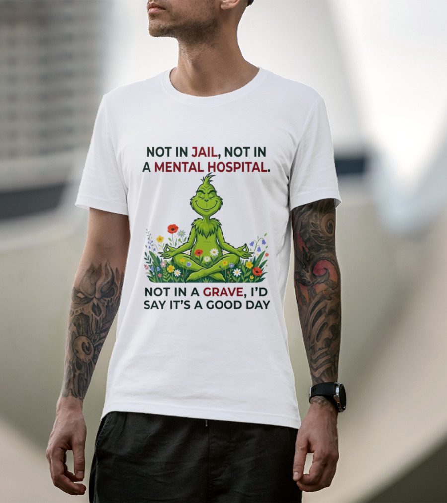 Grinch Not In Jail Not In A Mental Hospital Not In A Grave Meditation Good Day T-Shirt
