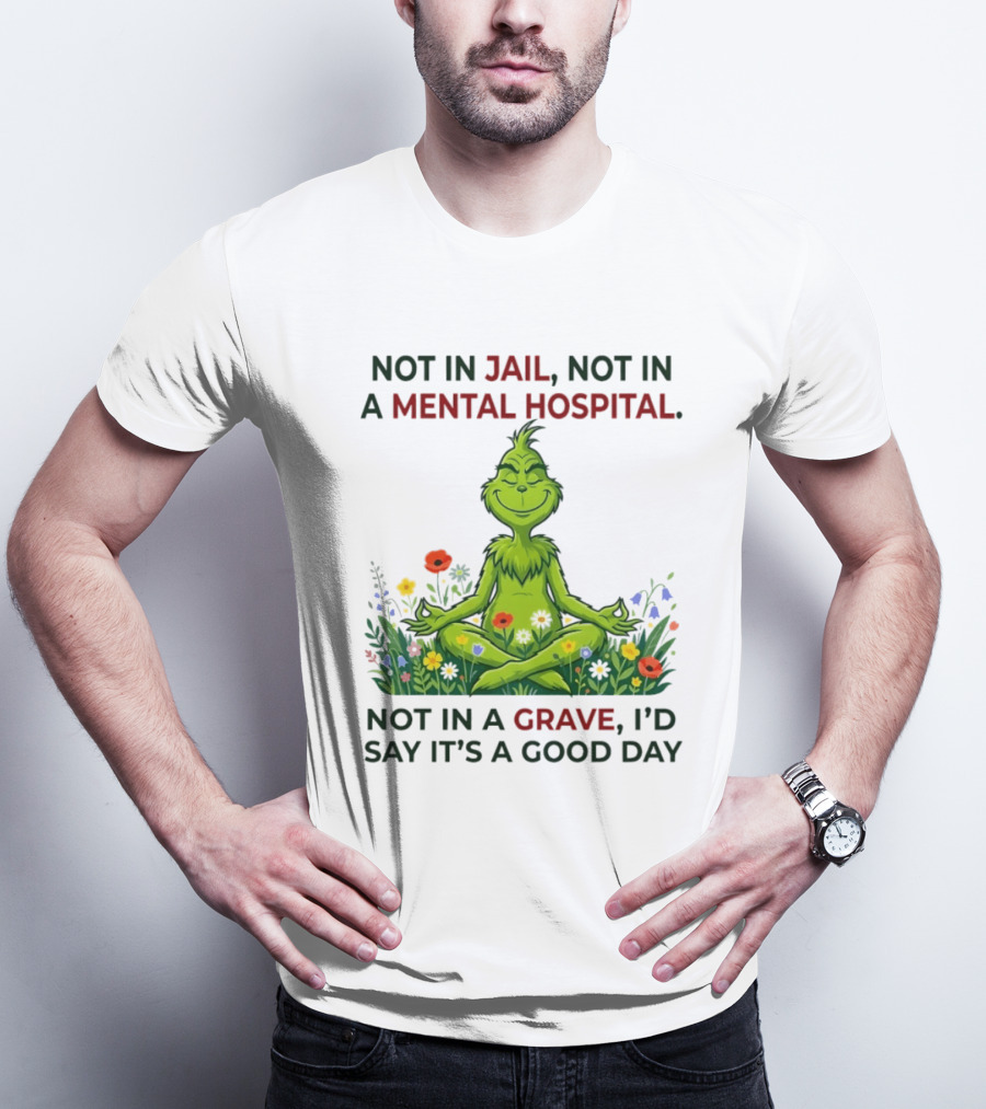 Grinch Not In Jail Not In A Mental Hospital Not In A Grave Meditation Good Day T-Shirt