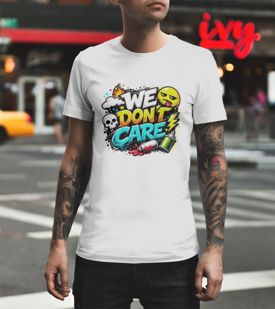 We Don't Care Graffiti Emojis Fire Cloud Lightning Skull T-Shirt