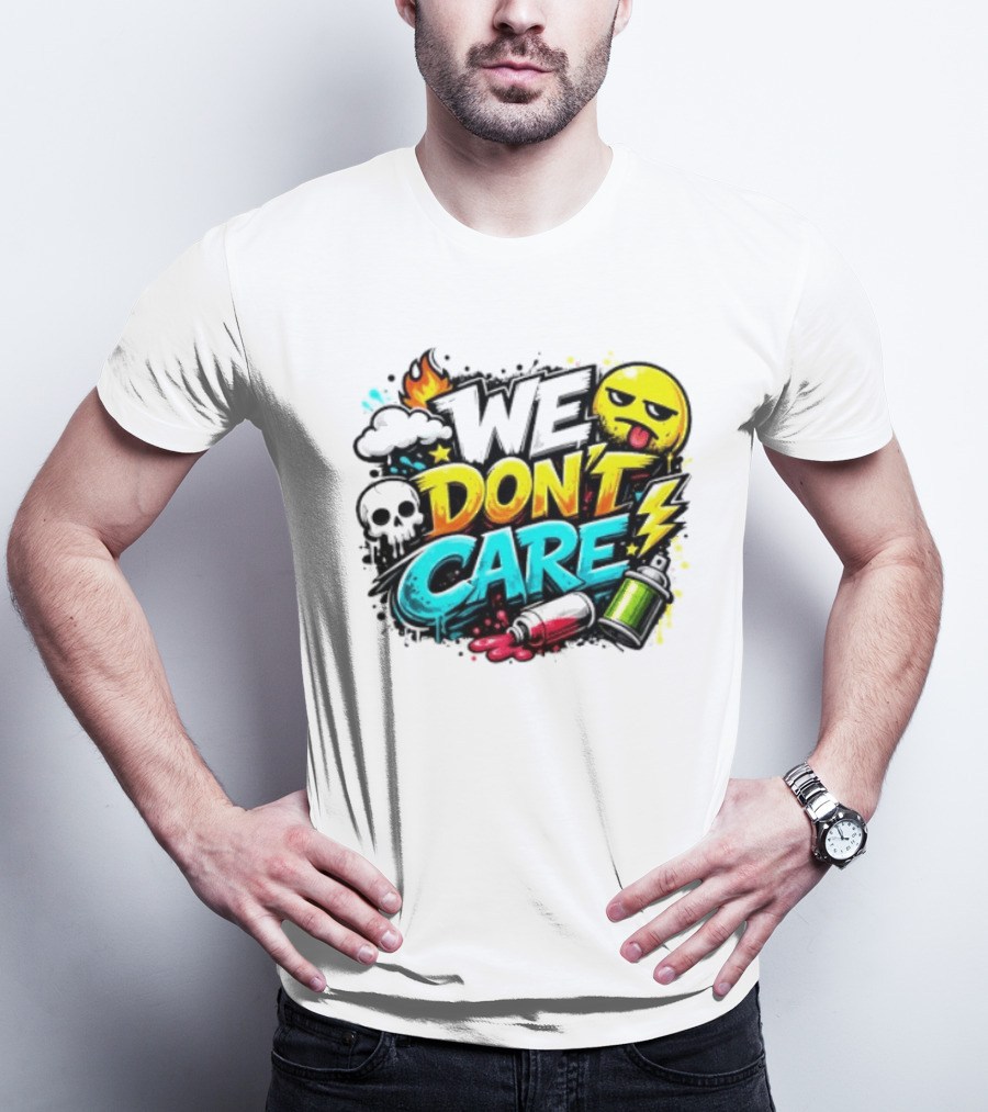 We Don't Care Graffiti Emojis Fire Cloud Lightning Skull T-Shirt