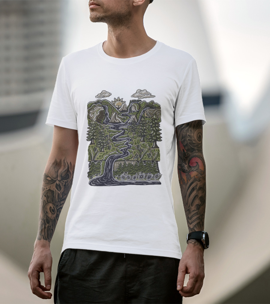 Nature Backs Forest Scene With River Trees Mountains Sun And Clouds T-Shirt