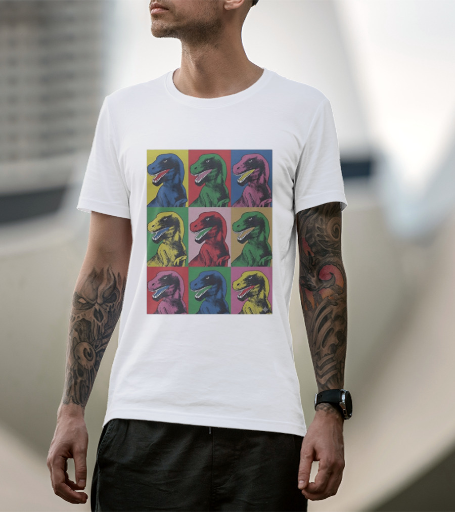 T Rex Pop Dinosaur Multi Colored Grid Prehistoric Reptile Andy Warhol T-Shirt