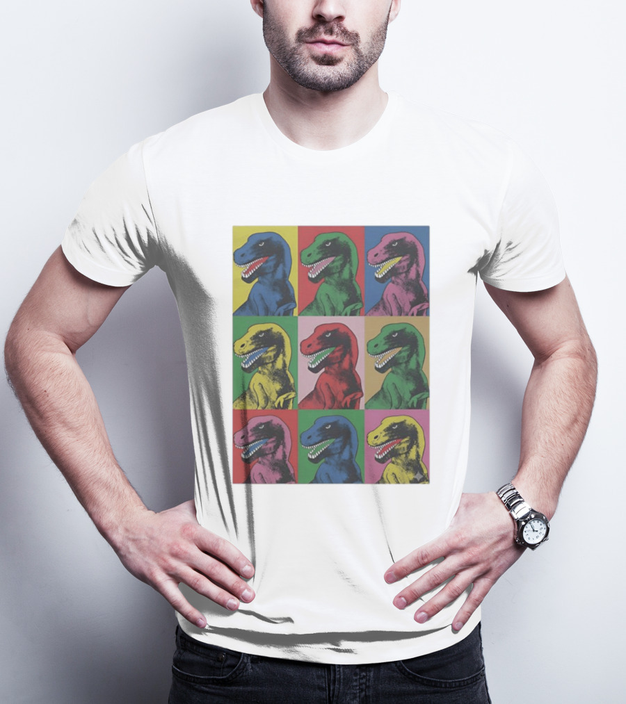 T Rex Pop Dinosaur Multi Colored Grid Prehistoric Reptile Andy Warhol T-Shirt