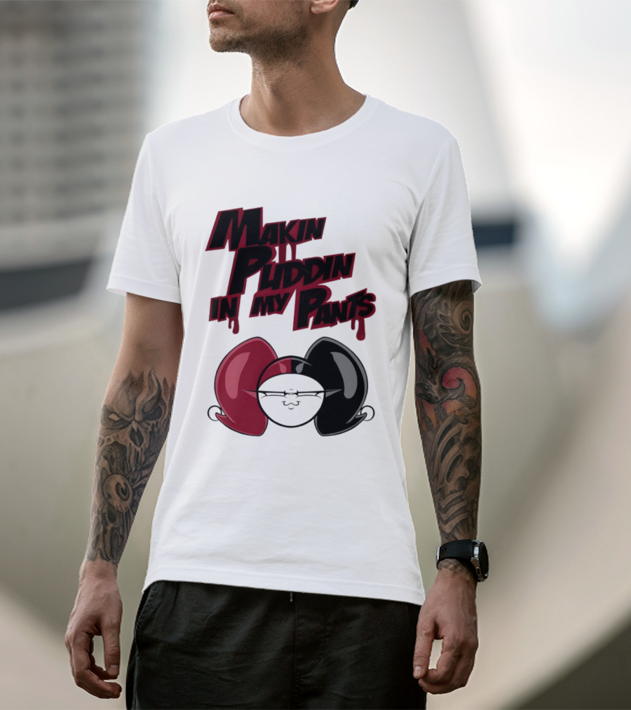 Makin' Puddin' In My Pants Harley Quinn Cartoon Red And Black Pigtails T-Shirt
