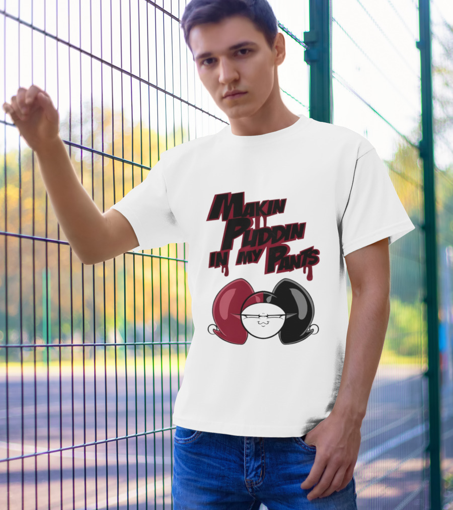 Makin' Puddin' In My Pants Harley Quinn Cartoon Red And Black Pigtails T-Shirt