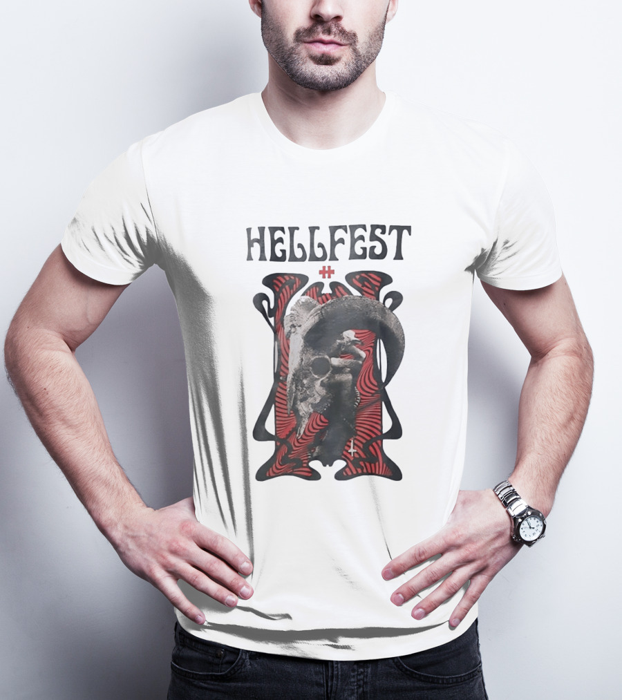 Hellfest Goat Skull Cross Inverted Crux Occult Heavy Metal Festival T-Shirt