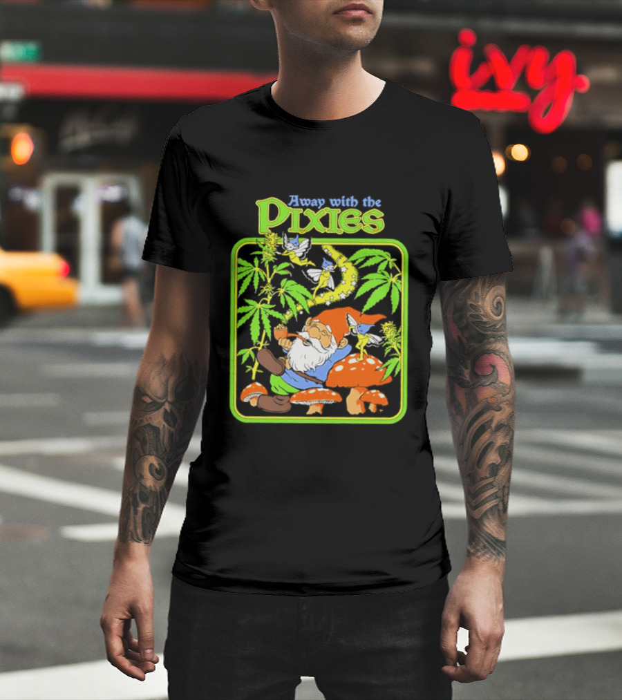 Away With The Pixies Gnome Smoking Cannabis Mushroom Fantasy Scene T-Shirt