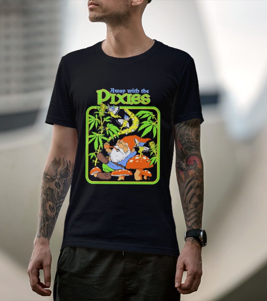 Away With The Pixies Gnome Smoking Cannabis Mushroom Fantasy Scene T-Shirt
