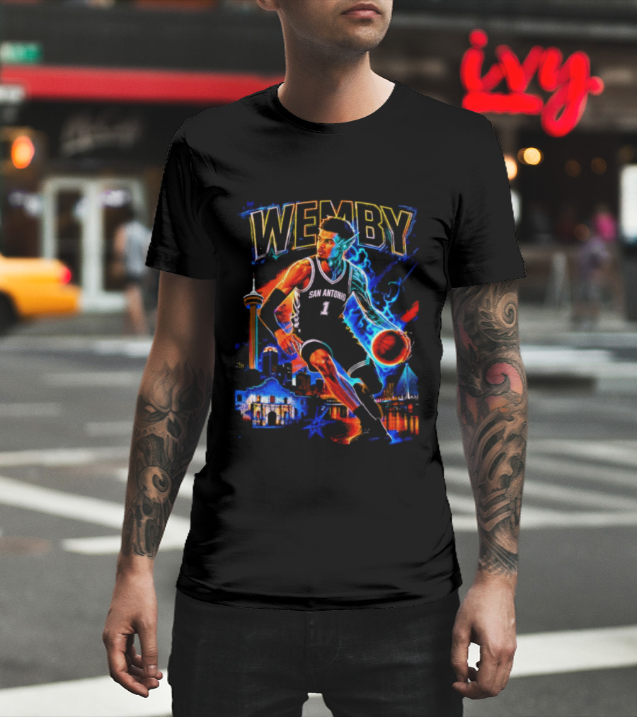 Wemby San Antonio Spurs Basketball Player Half Alien City Skyline T-Shirt