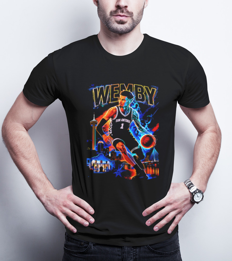 Wemby San Antonio Spurs Basketball Player Half Alien City Skyline T-Shirt