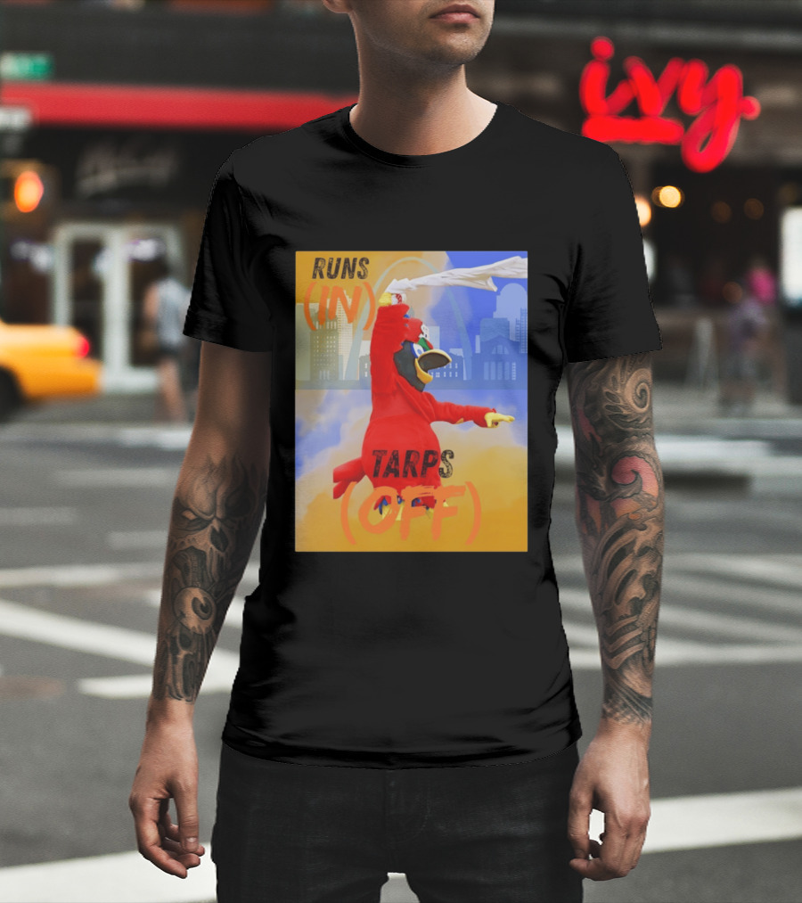 Fredbird Runs In Tarps Off St. Louis Skyline T-Shirt