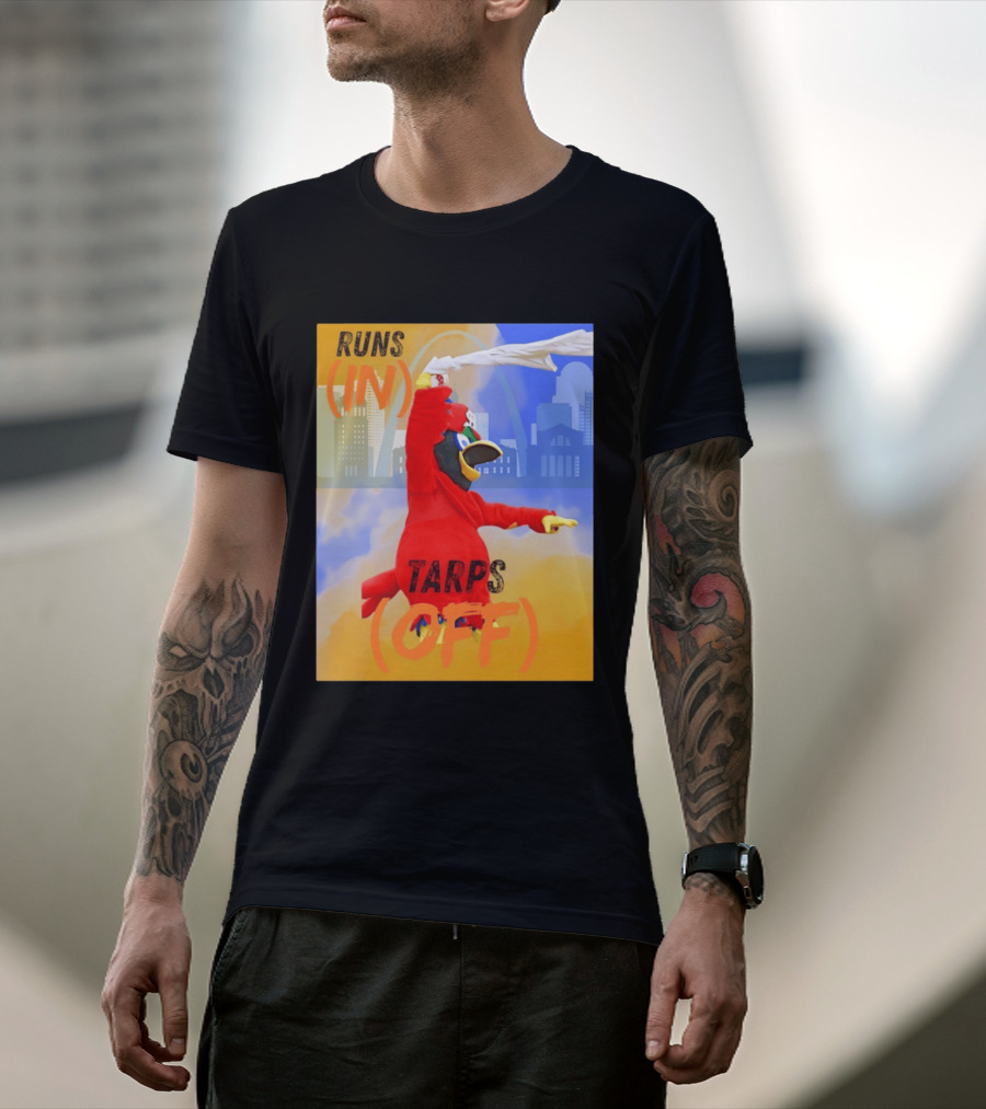 Fredbird Runs In Tarps Off St. Louis Skyline T-Shirt
