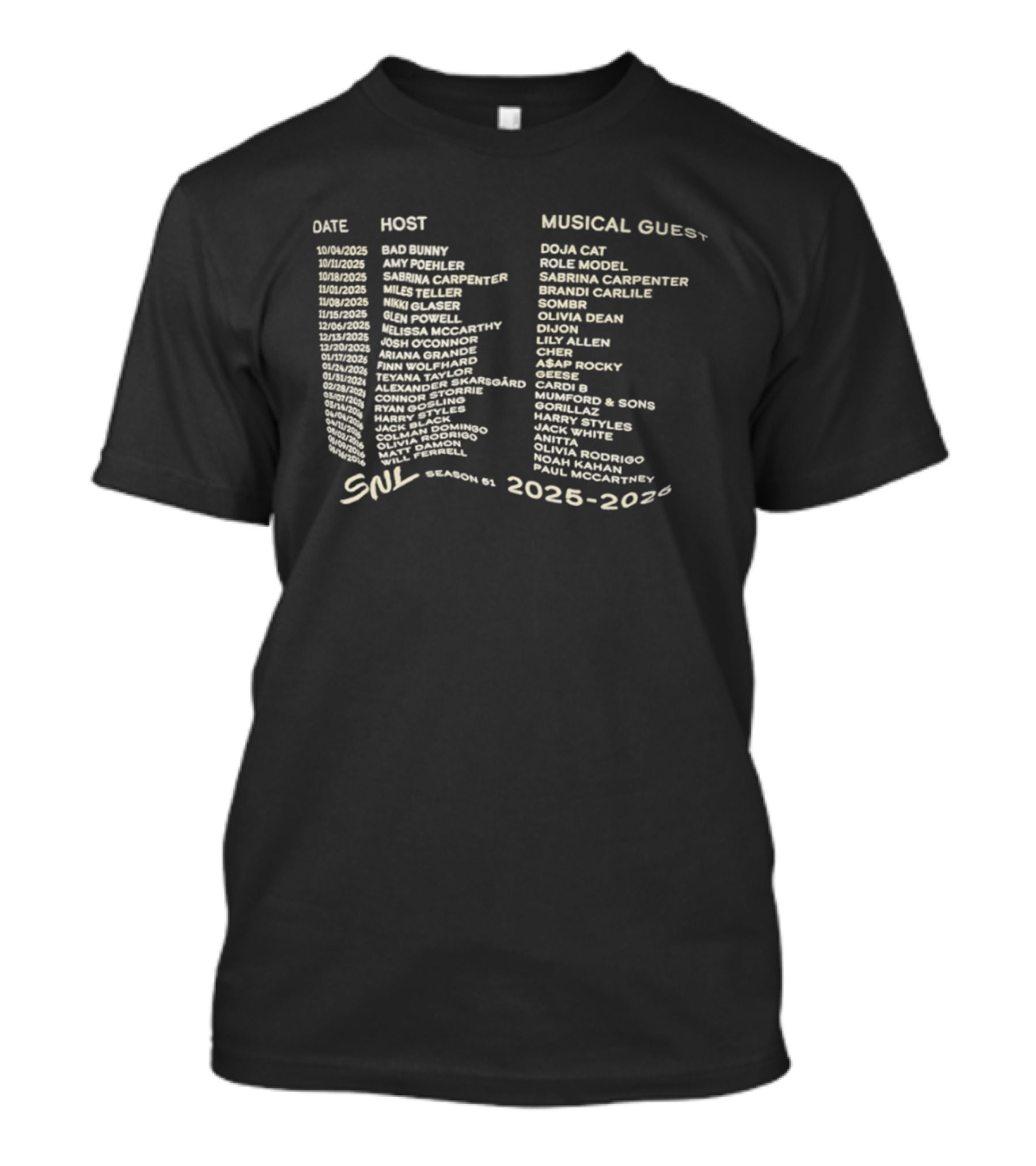 SNL Season 51 2025 2026 Fictional Hosts Musical Guests Lineup T-Shirt