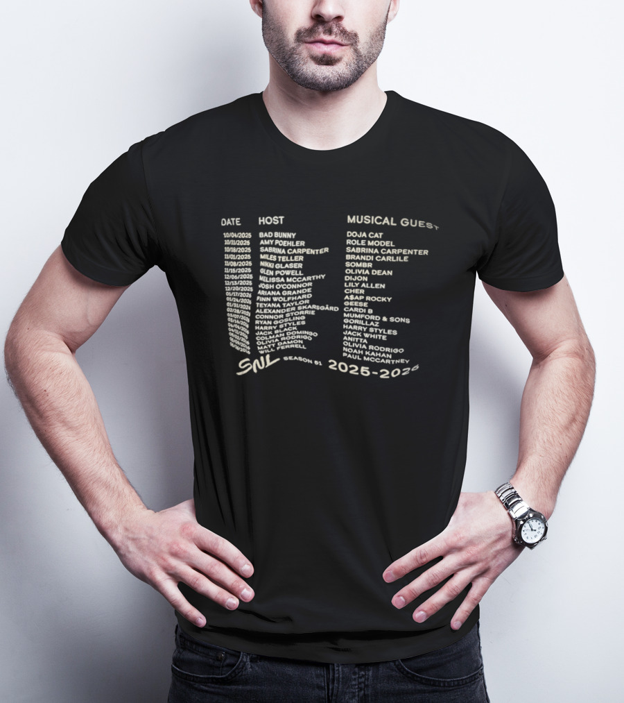 SNL Season 51 2025 2026 Fictional Hosts Musical Guests Lineup T-Shirt