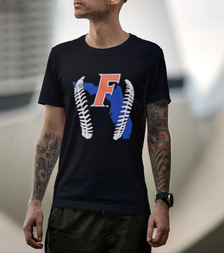 Florida Gators 2026 F Baseball Graphic With State Outline And Stitches T-Shirt