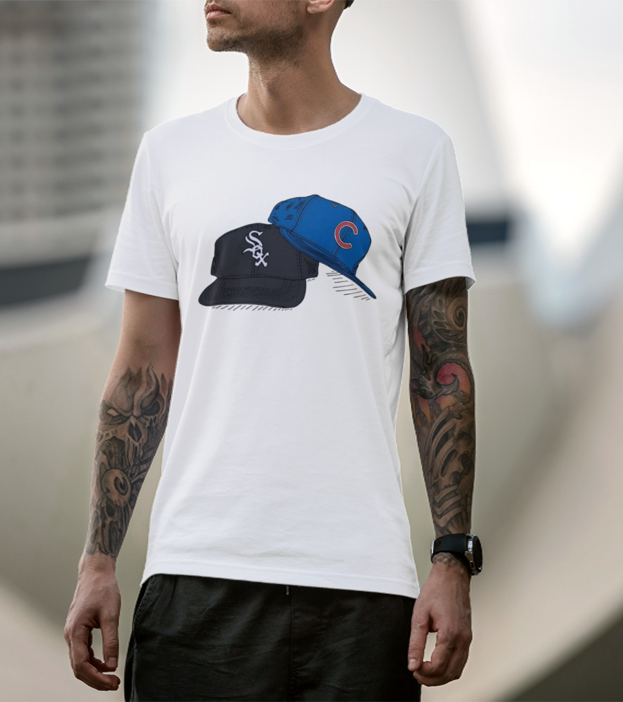 Chicago White Sox Black Hat And Chicago Cubs Blue Cap Baseball Fan Collection T-Shirt