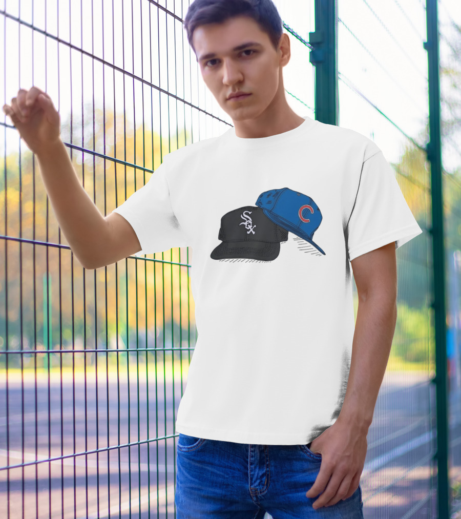 Chicago White Sox Black Hat And Chicago Cubs Blue Cap Baseball Fan Collection T-Shirt