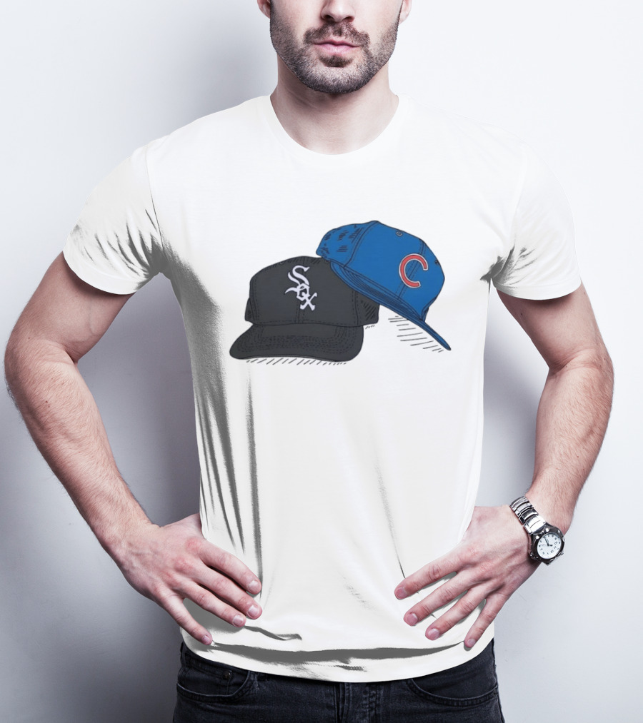 Chicago White Sox Black Hat And Chicago Cubs Blue Cap Baseball Fan Collection T-Shirt