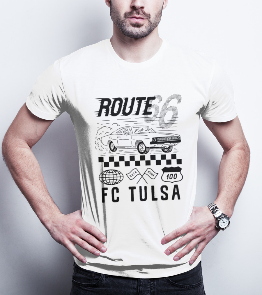 FC Tulsa Route 66 Oklahoma Soccer Car 100 Racing Flags T-Shirt