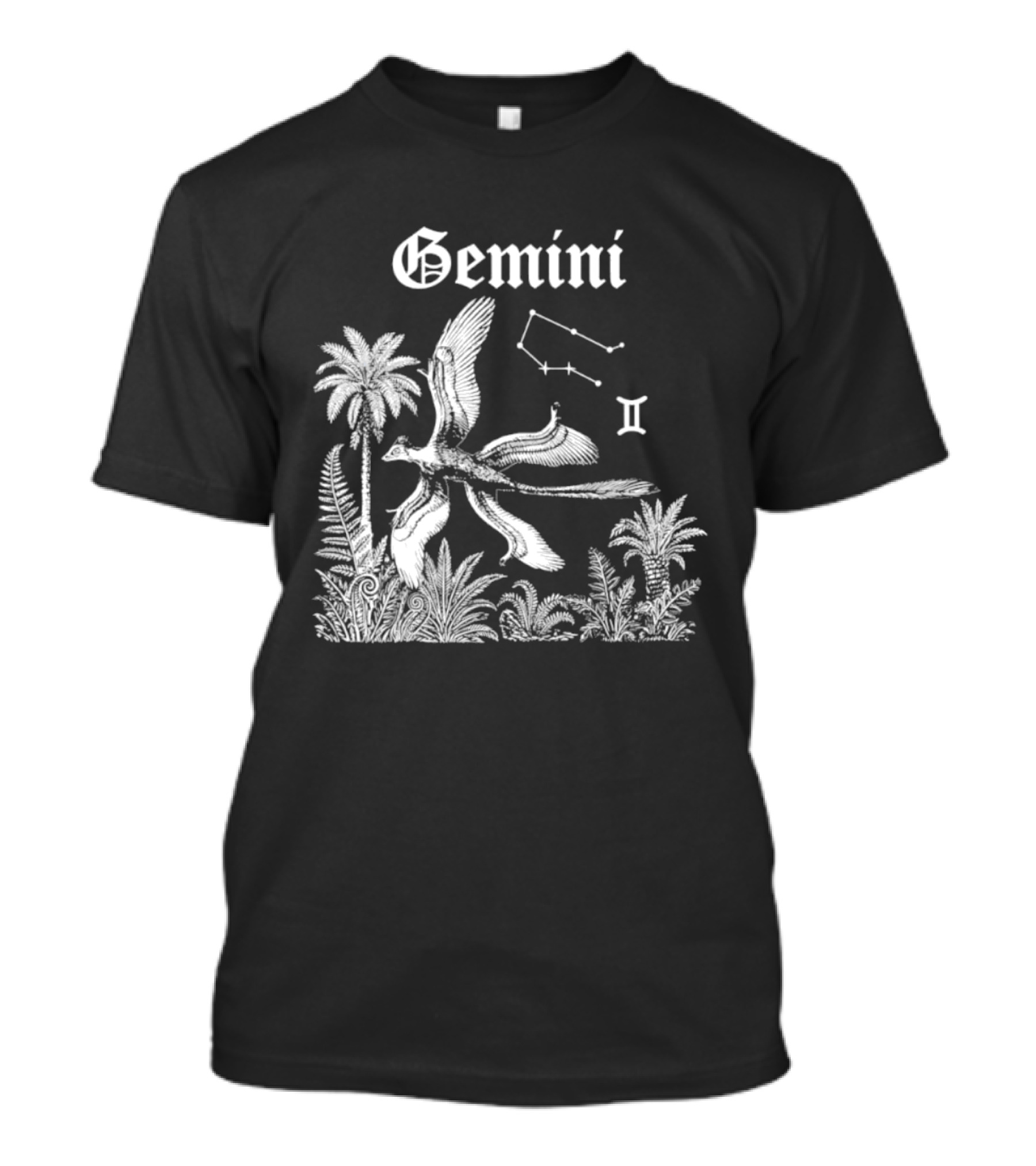 Gemini Feathered Dinosaur Constellation Tropical Scene T-Shirt