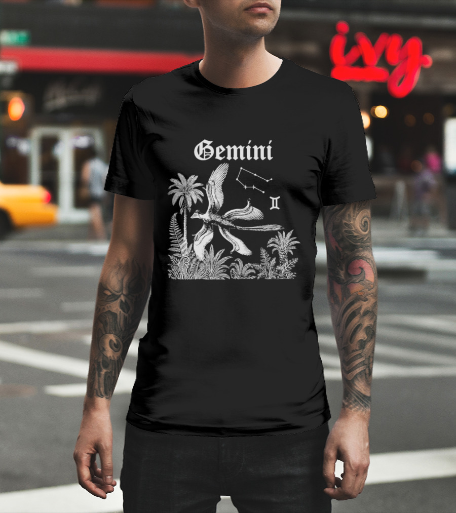 Gemini Feathered Dinosaur Constellation Tropical Scene T-Shirt