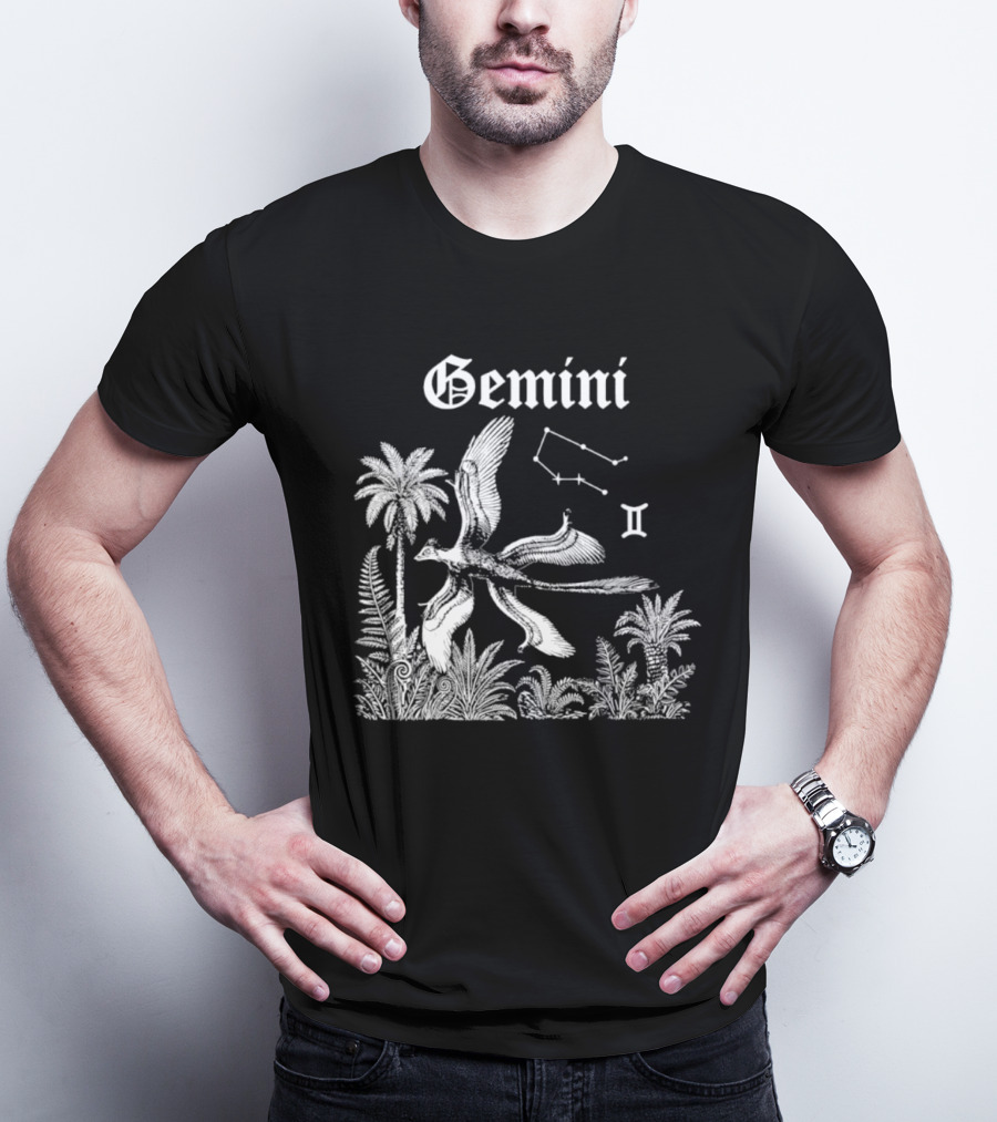 Gemini Feathered Dinosaur Constellation Tropical Scene T-Shirt