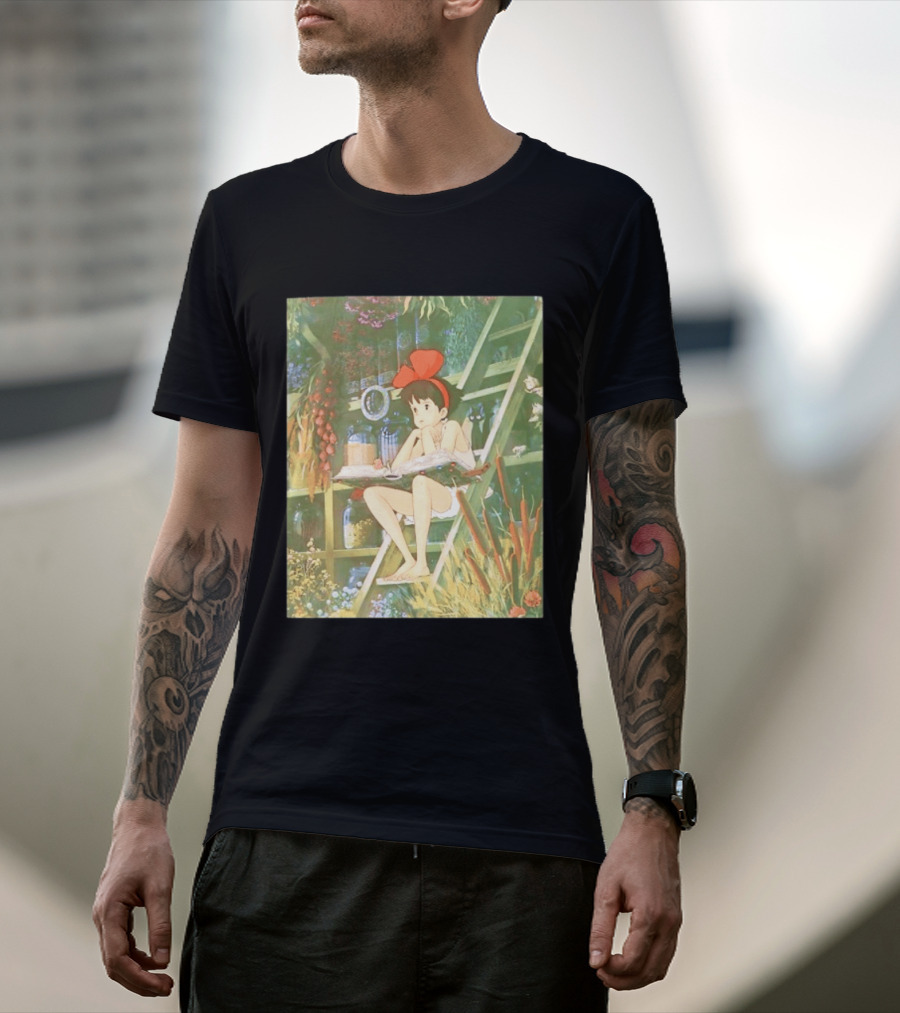 Kiki's Delivery Service Magic Book Cat And Botanical Greenhouse Scene T-Shirt