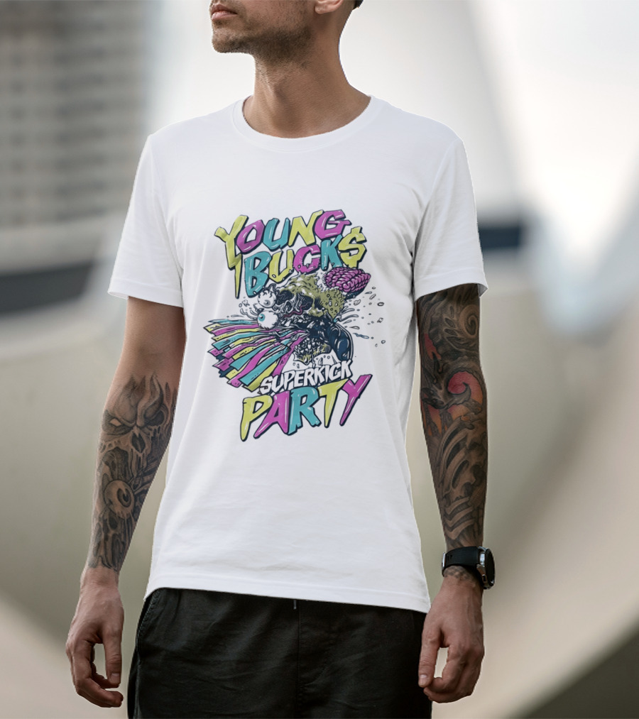 Young Bucks Superkick Party Skull Brain Eyeballs Colorful Explosion T-Shirt