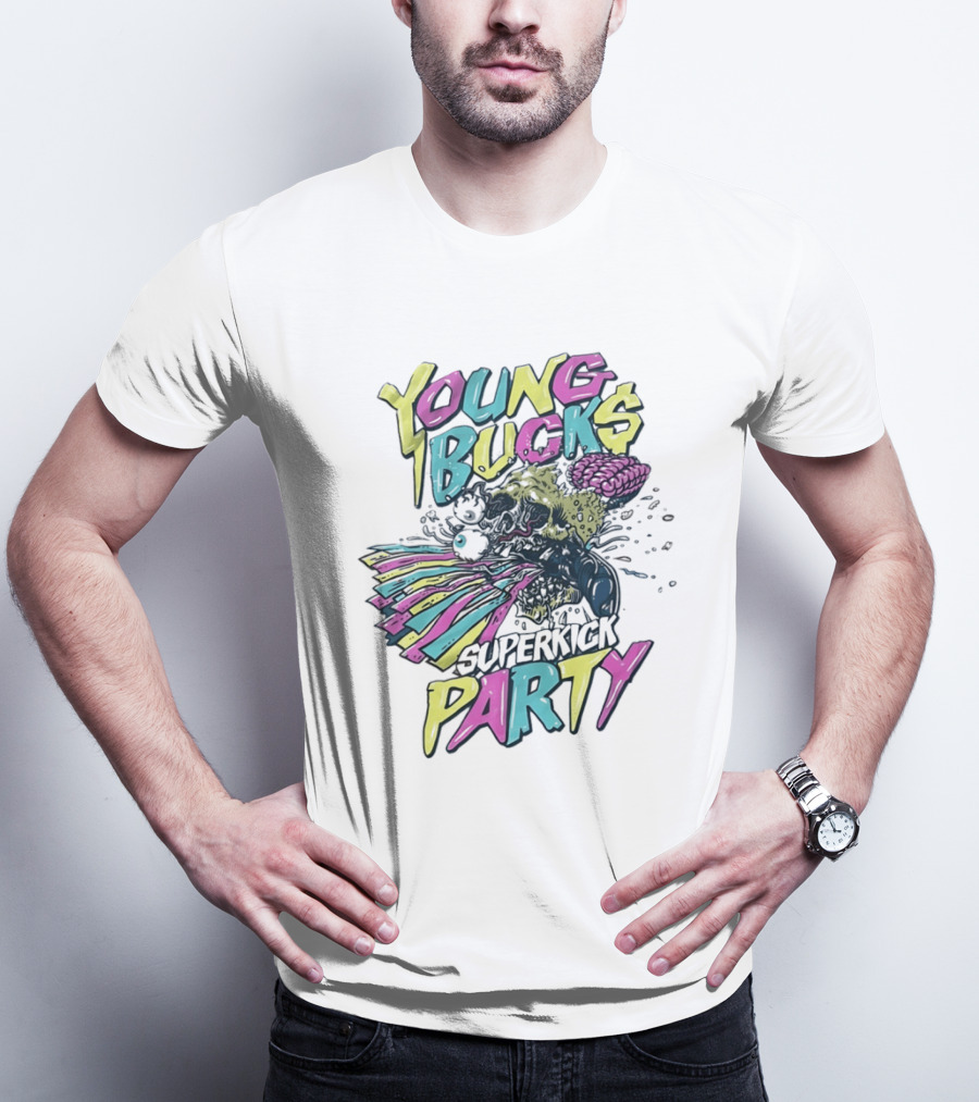 Young Bucks Superkick Party Skull Brain Eyeballs Colorful Explosion T-Shirt