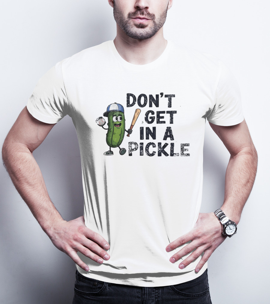Don't Get In A Pickle Baseball Pun With Pickle Character Holding Bat And Ball T-Shirt